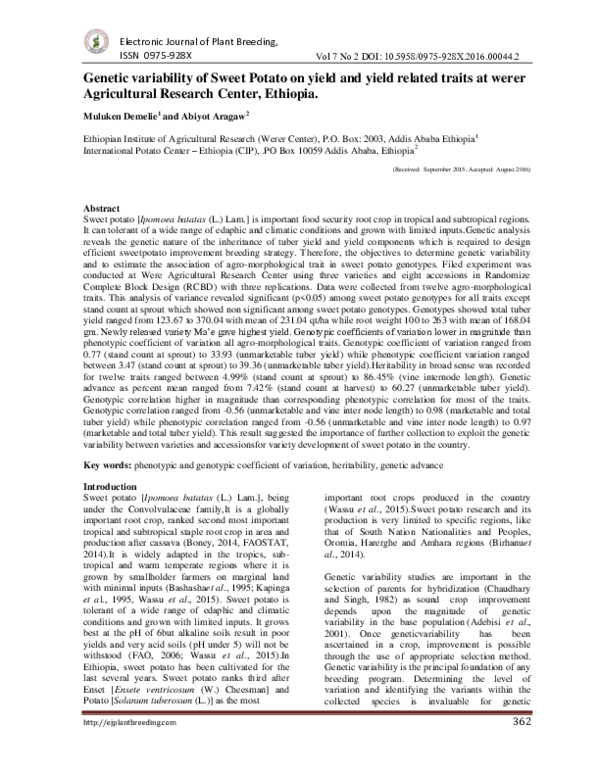 (PDF) Genetic variability of Sweet Potato on yield and yield related traits at werer ...
