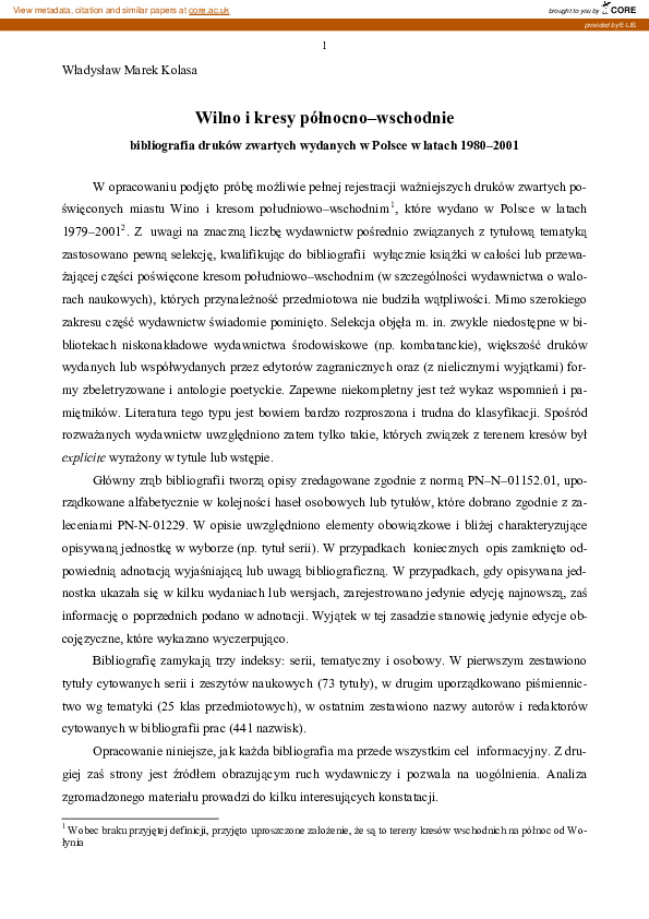 (PDF) Wilno i Kresy północno–wschodnie : bibliografia druków zwartych wydanych w Polsce w latach ...