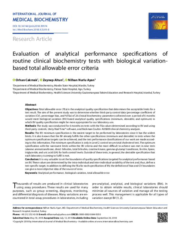 (PDF) Evaluation of analytical performance specifications of routine ...