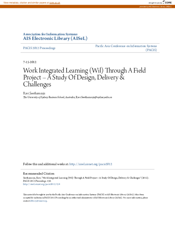 (PDF) Work Integrated Learning (Wil) Through A Field Project – A Study Of Design, Delivery ...