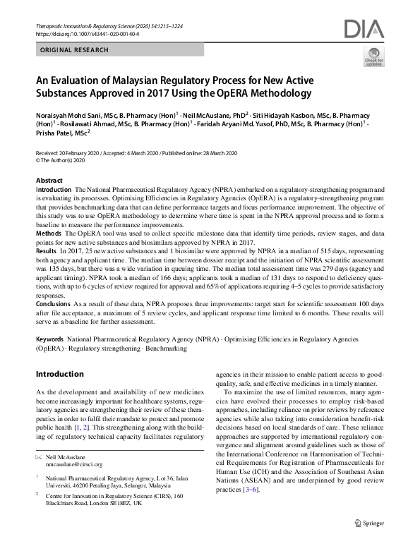 (PDF) An Evaluation of Malaysian Regulatory Process for New Active ...