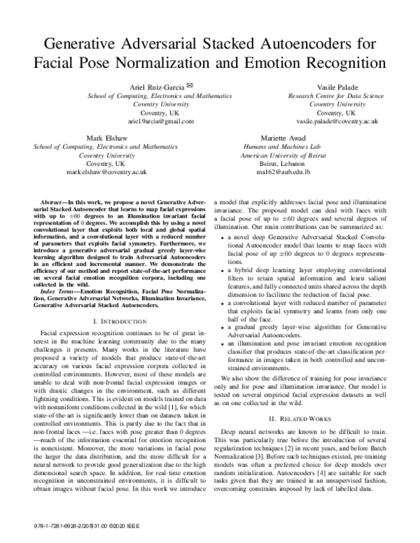 Pdf Generative Adversarial Stacked Autoencoders For Facial Pose Normalization And Emotion