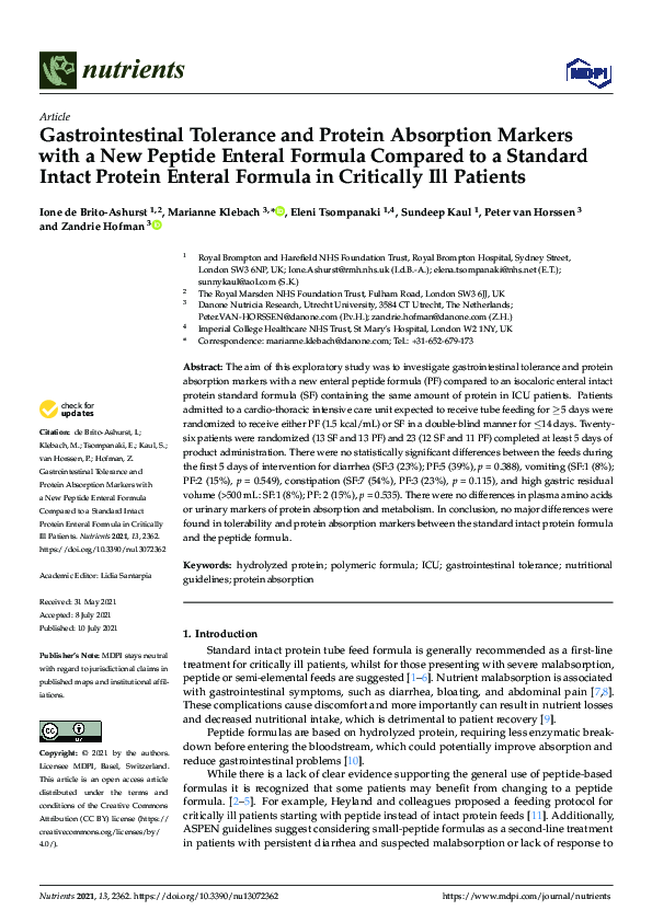 (PDF) Gastrointestinal Tolerance and Protein Absorption Markers with a ...