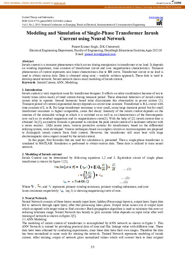 Pdf Modeling And Simulation Of Single Phase Transformer Inrush Current Using Neural Network