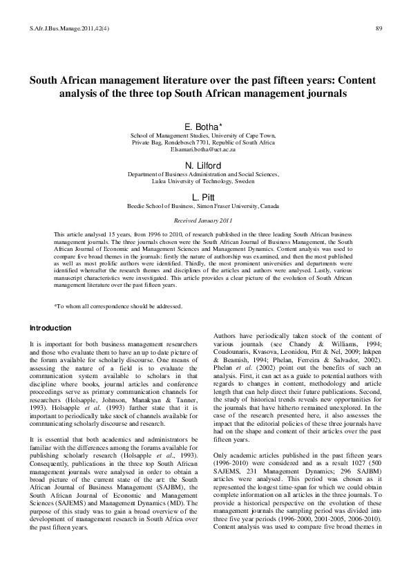 (PDF) South African management literature over the past fifteen years ...