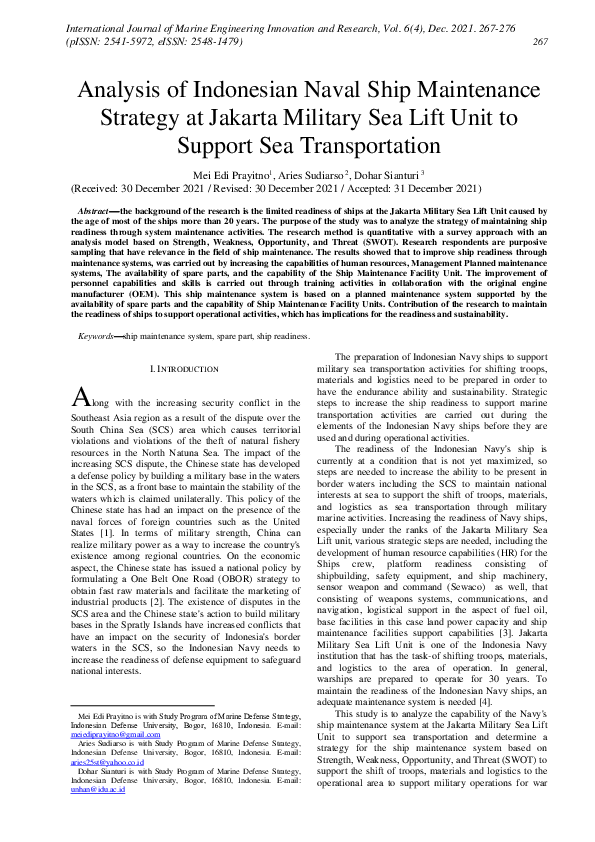 (PDF) Analysis of Indonesian Naval Ship Maintenance Strategy at Jakarta ...