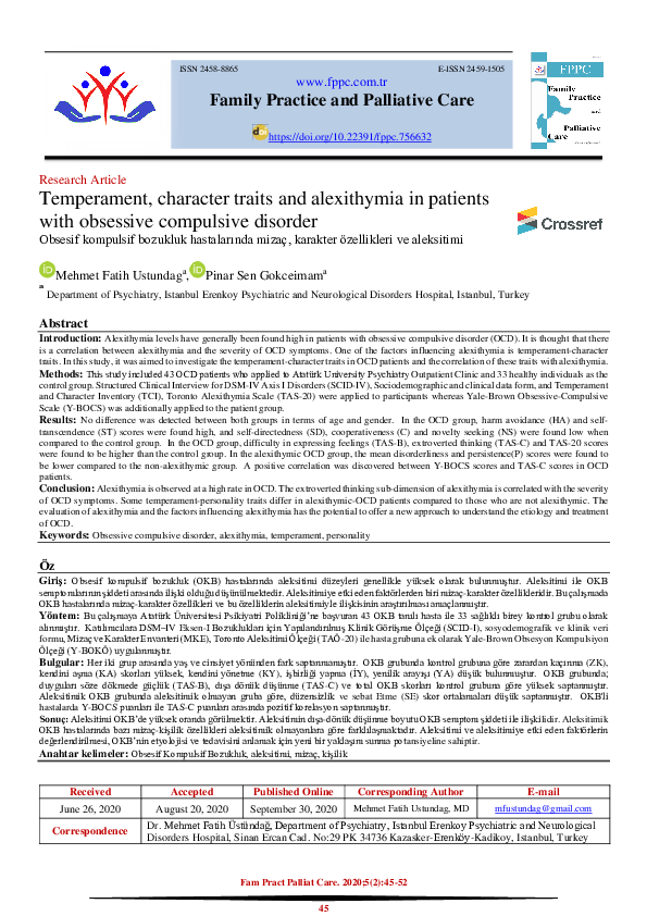 (PDF) An investigation of Temperament, Character, and Alexithymia in ...