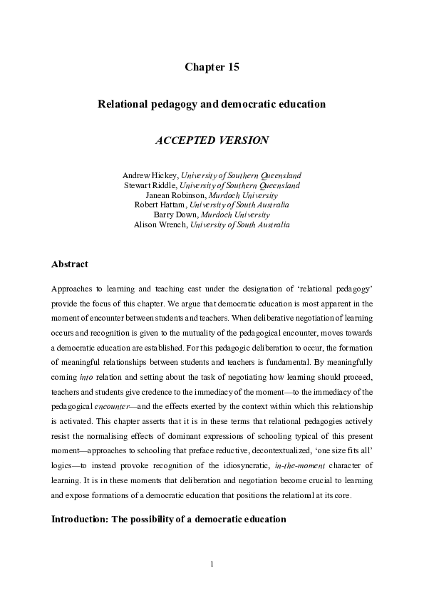 (PDF) Relational Pedagogy as a Pathway to Democratic Education