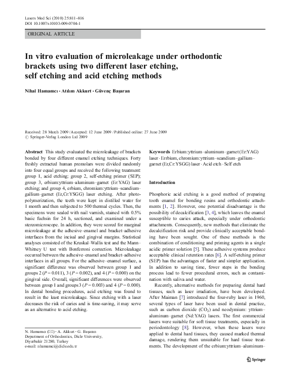 Pdf In Vitro Evaluation Of Microleakage Under Orthodontic Brackets Using Two Different Laser