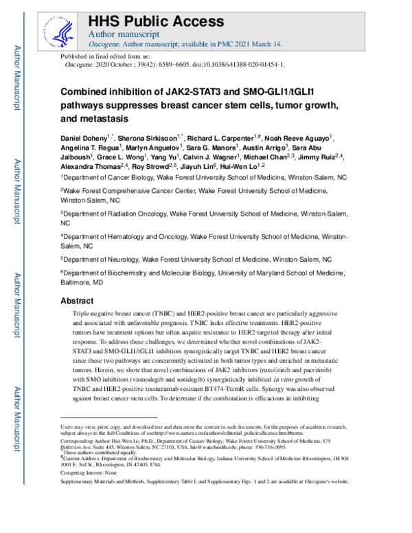 (PDF) Combined inhibition of JAK2-STAT3 and SMO-GLI1/tGLI1 pathways ...
