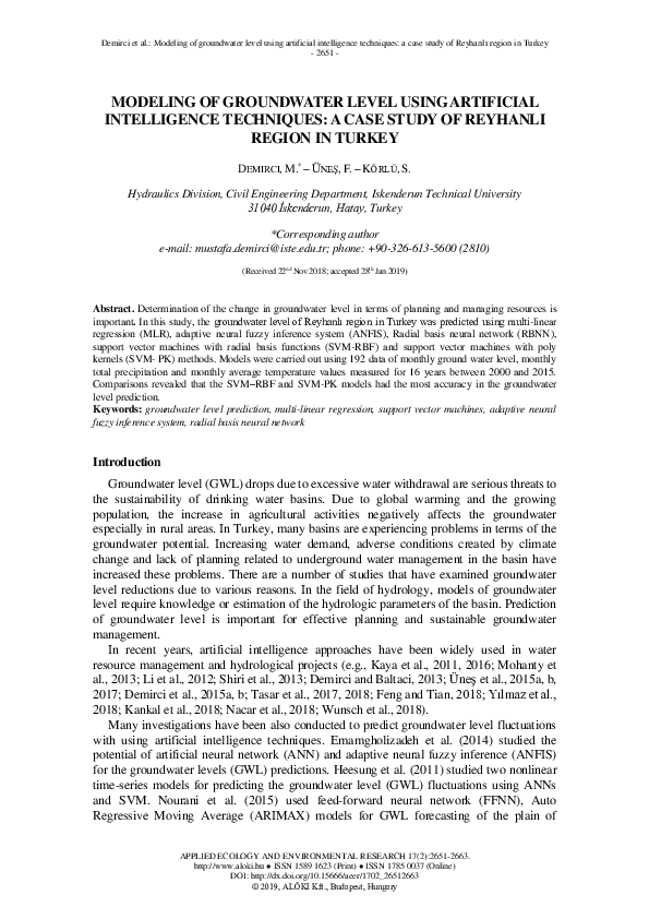 (PDF) Modeling of Groundwater Level Using Artificial Intelligence Techniques: A Case Study of ...