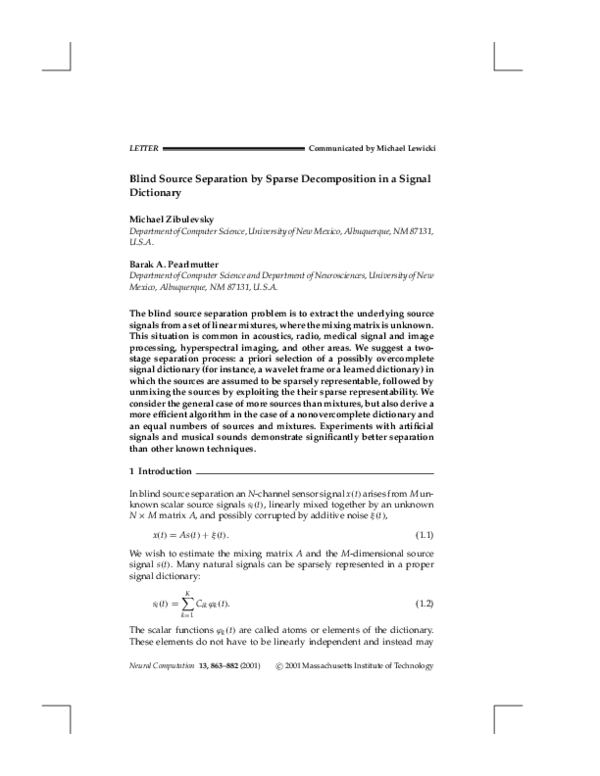 (PDF) Blind source separation by sparse decomposition in a signal ...
