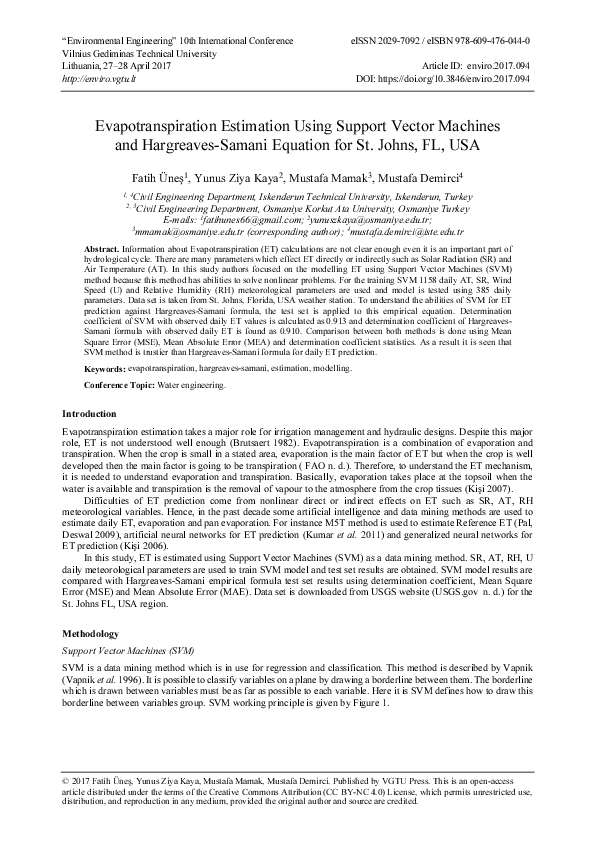 (PDF) Evapotranspiration Estimation Using Support Vector Machines and Hargreaves-Samani Equation ...