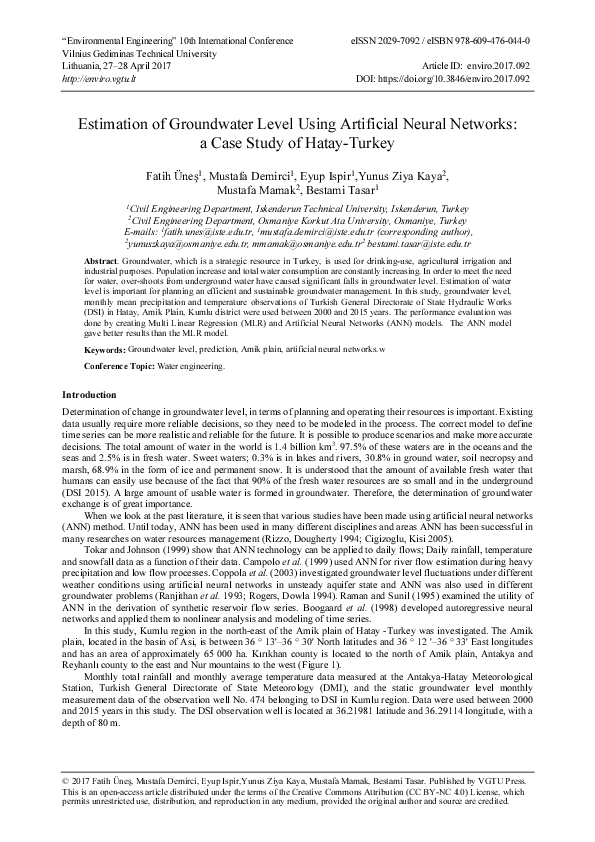 (PDF) Estimation of Groundwater Level Using Artificial Neural Networks: a Case Study of Hatay-Turkey