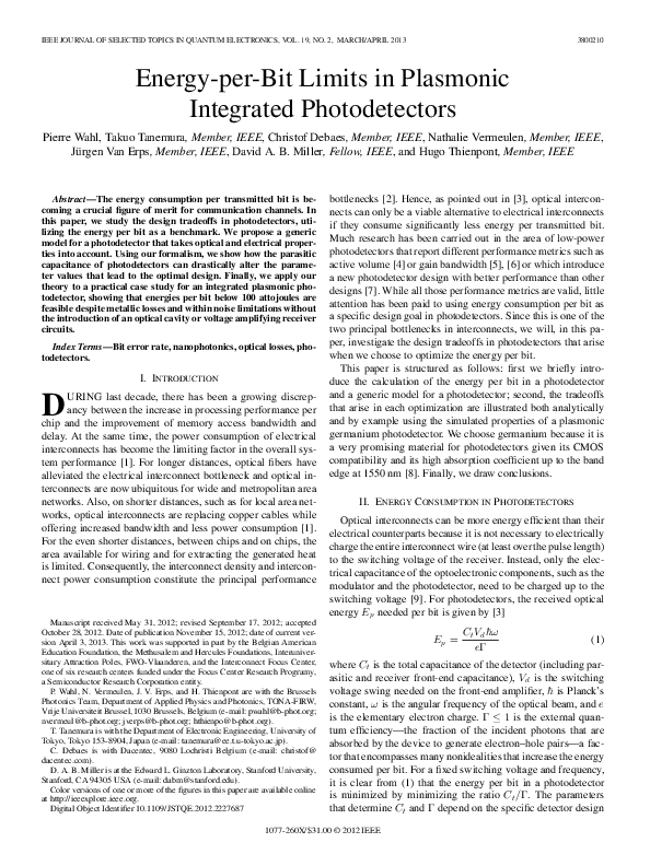 (PDF) Energy-per-Bit Limits in Plasmonic Integrated Photodetectors