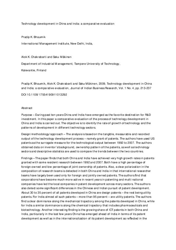 (PDF) Technology development in China and India: a comparative evaluation