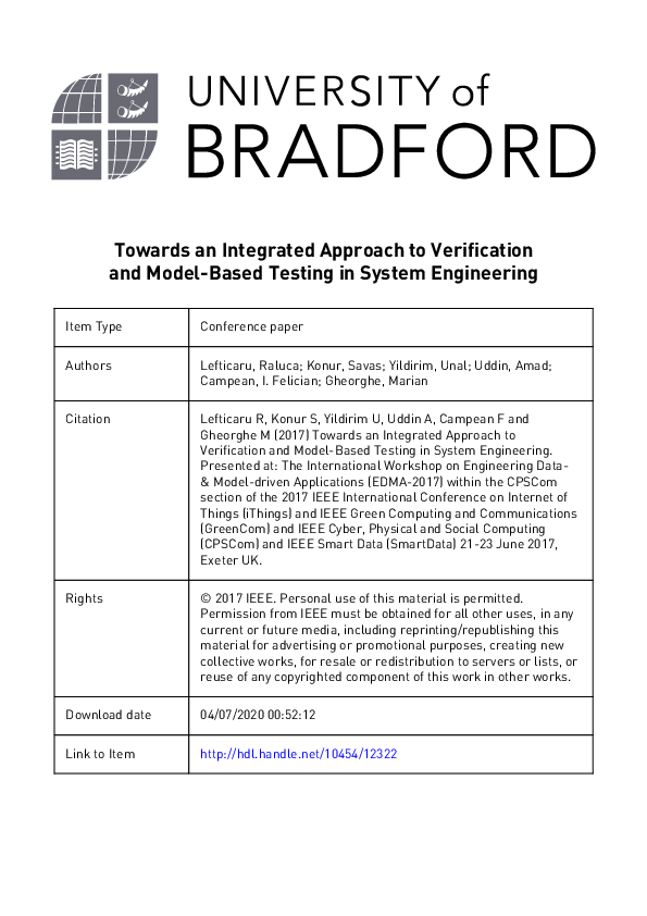Pdf Towards An Integrated Approach To Verification And Model Based
