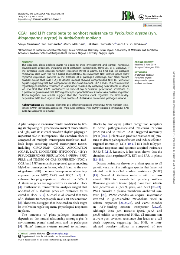 (PDF) CCA1 and LHY contribute to nonhost resistance to Pyricularia ...