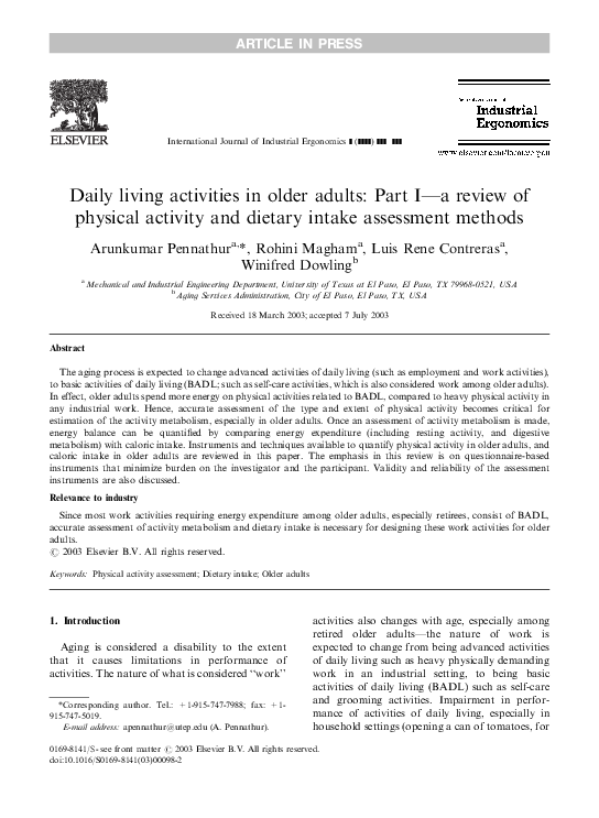 (PDF) Daily living activities in older adults: Part I—a review of ...