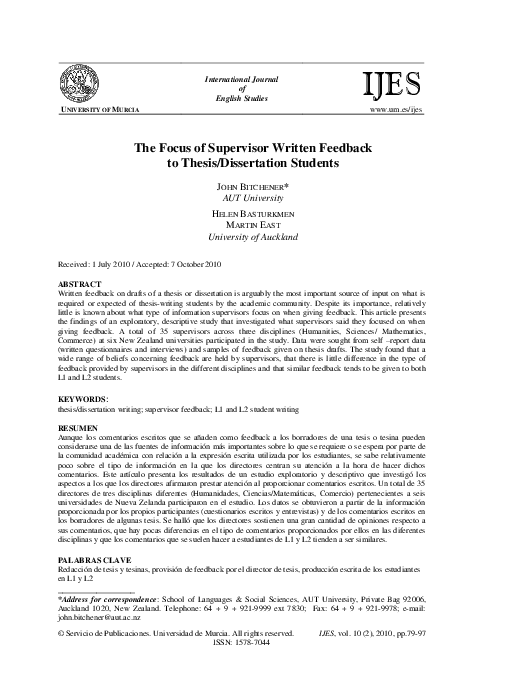 (PDF) The Focus of Supervisor Written Feedback to Thesis/Dissertation Students