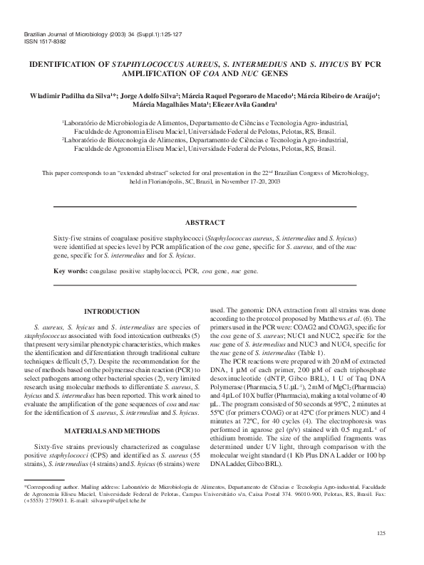 (PDF) Identification of Staphylococcus aureus, S. intermedius and S. hyicus by PCR amplification ...