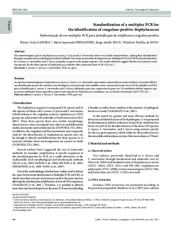 (PDF) Standardization of a multiplex PCR for the identification of coagulase-positive Staphylococcus