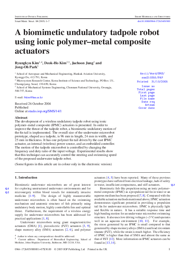 (PDF) A biomimetic undulatory tadpole robot using ionic polymer–metal ...