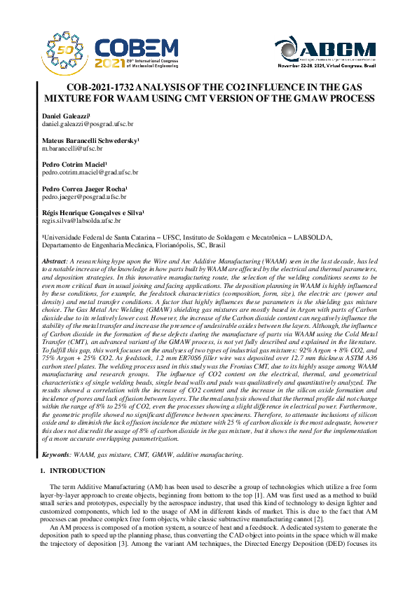 (PDF) Analysis of the CO2 influence in the gas mixture for WAAM using ...