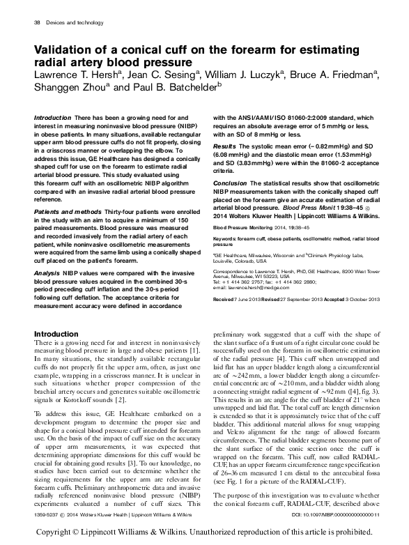 (PDF) Validation of a conical cuff on the forearm for estimating radial ...