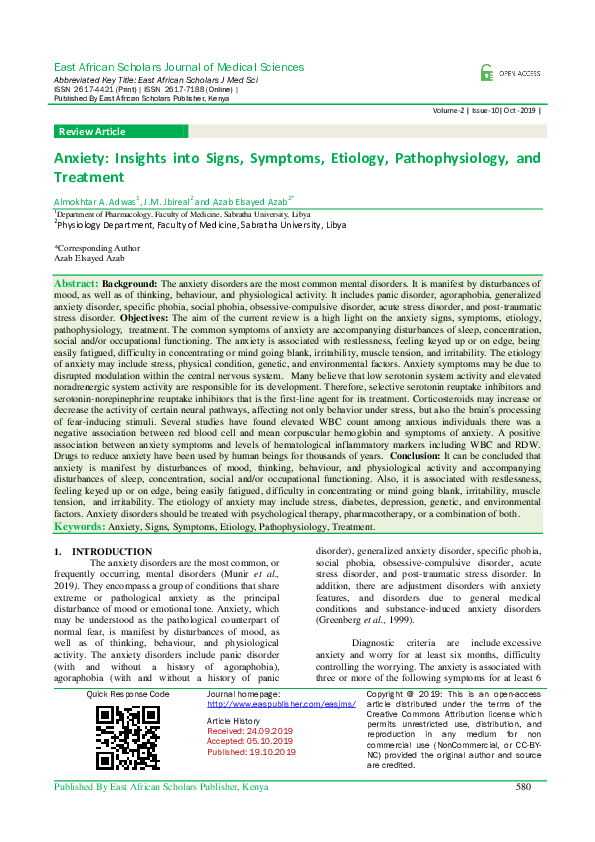 (PDF) Anxiety: Insights into Signs, Symptoms, Etiology, Pathophysiology ...