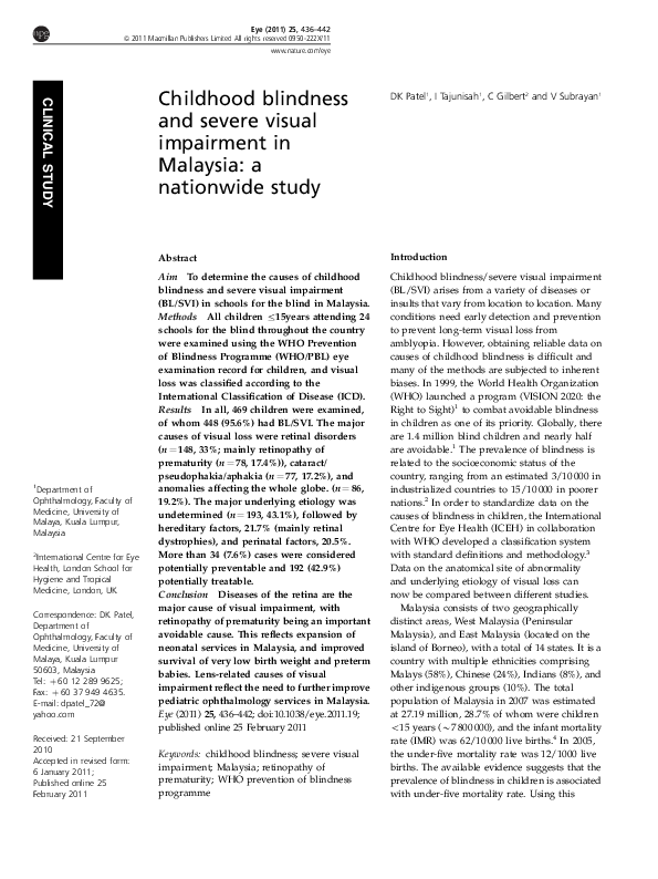 (PDF) Childhood blindness and severe visual impairment in Malaysia: a ...
