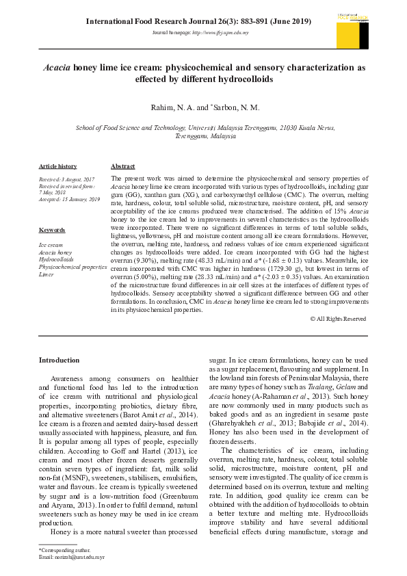 (PDF) Acacia honey lime ice cream: physicochemical and sensory characterization as effected by ...