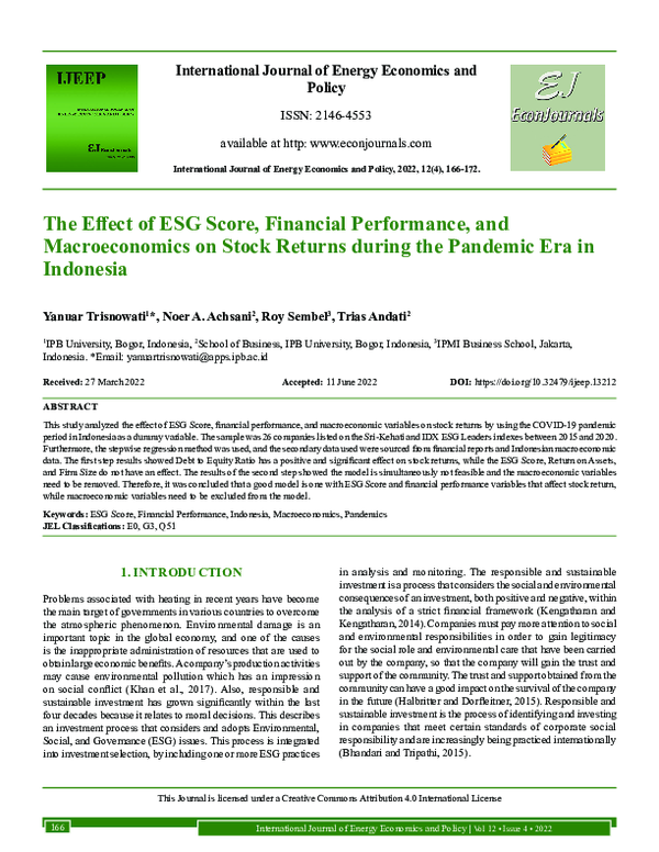 (PDF) The Effect of ESG Score, Financial Performance, and ...
