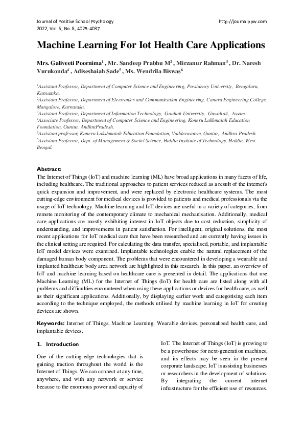 (PDF) Machine Learning For Iot Health Care Applications