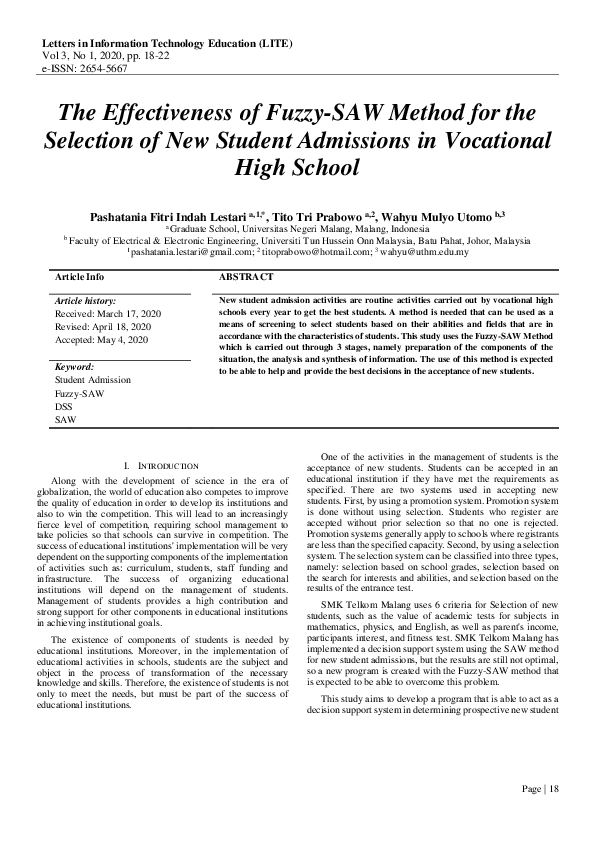 (PDF) The Effectiveness of Fuzzy-SAW Method for the Selection of New Student Admissions in ...