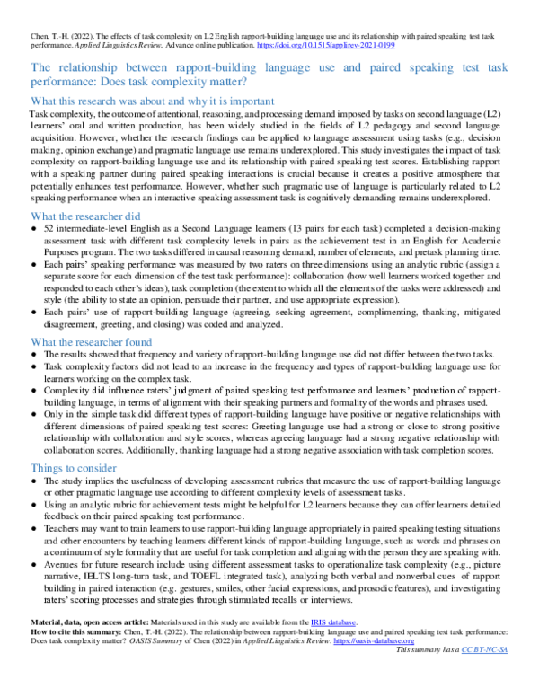(PDF) OASIS summary_Chen (2022) in Applied Linguistics Review_The relationship between rapport ...