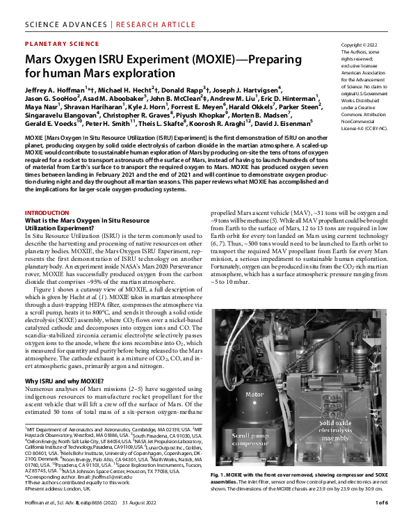 (PDF) Mars Oxygen ISRU Experiment (MOXIE)—Preparing for human Mars ...