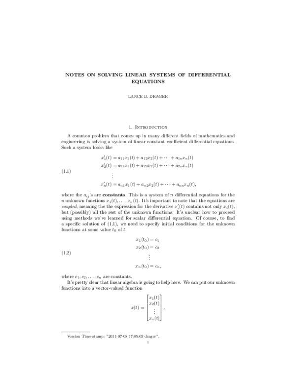 Pdf Notes On Solving Linear Systems Of Differential Equations