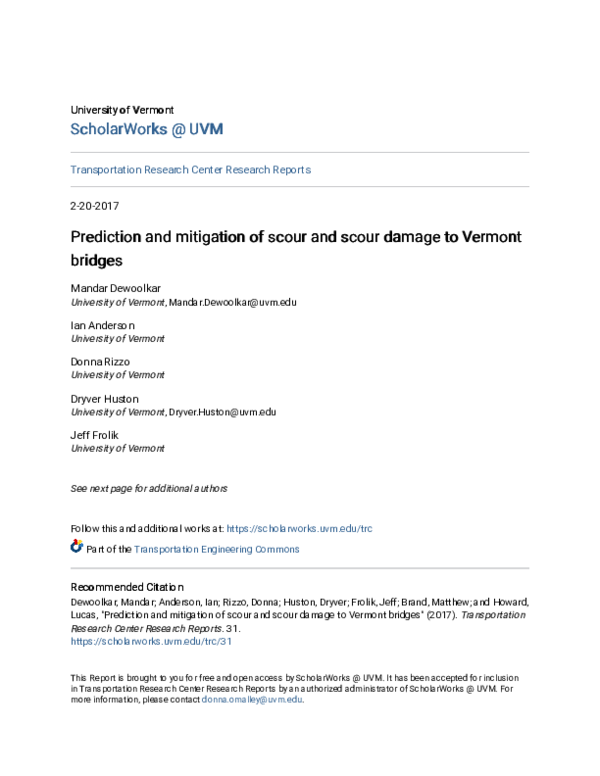 (PDF) Prediction and mitigation of scour and scour damage to Vermont ...