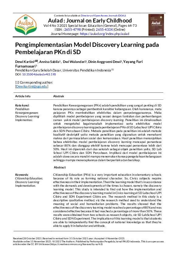 (PDF) Pengimplementasian Model Discovery Learning pada Pembelajaran PKn di SD