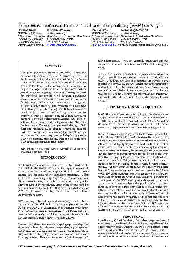 (PDF) Tube Wave removal from vertical seismic profiling (VSP) surveys