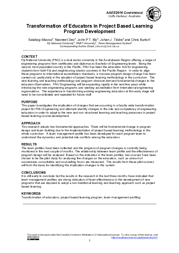 (PDF) Transformation of educators in project based learning program development