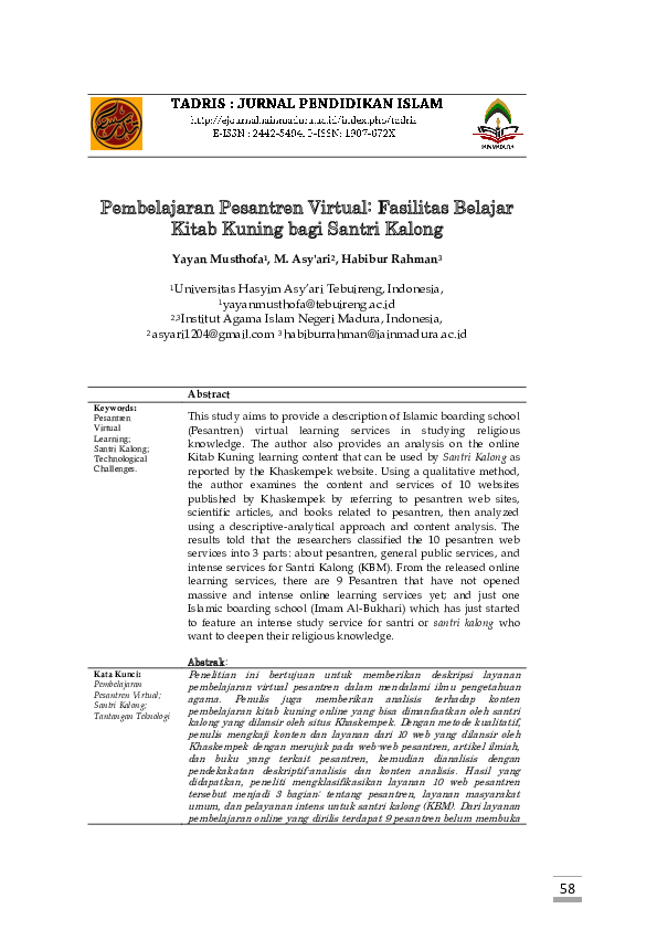 (PDF) Pembelajaran Pesantren Virtual: Fasilitas Belajar Kitab Kuning bagi Santri Kalong