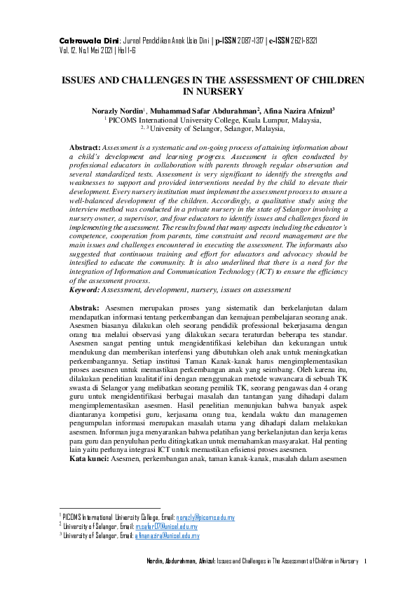 (PDF) Issues and Challenges in the Assessment of Children in Nursery