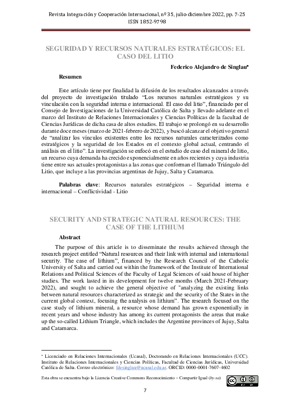Pdf Seguridad Y Recursos Naturales Estratégicos El Caso Del Litio
