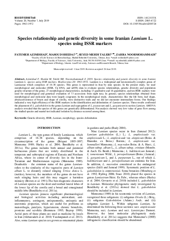 (PDF) Species relationship and genetic diversity in some Iranian Lamium L. species using ISSR ...