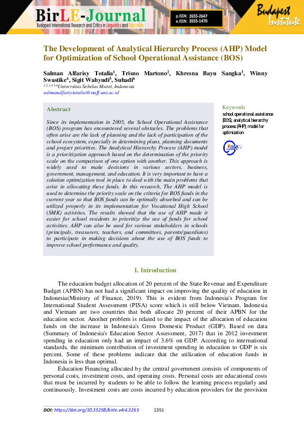 Pdf The Development Of Analytical Hierarchy Process Ahp Model For Optimization Of School