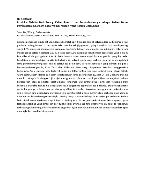 (DOC) Produksi Gelatin Dari Tulang Ceker Ayam dan Pemanfaatannya sebagai Bahan Dasar Pembuatan ...