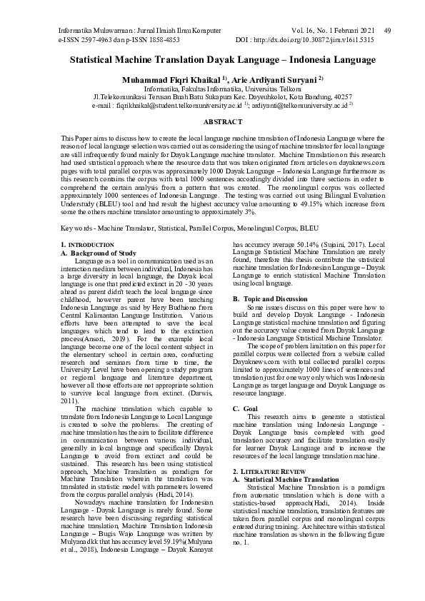 Pdf Statistical Machine Translation Dayak Language Indonesia Language