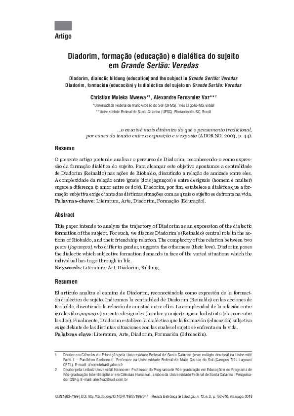 (PDF) Diadorim, formação (educação) e dialética do sujeito em Grande ...
